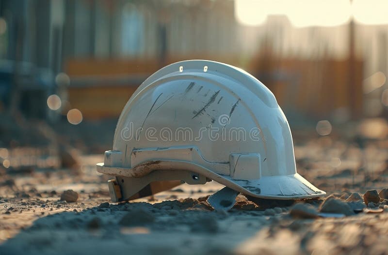 Close-Up of White Construction Helmet on Ground at Work Site in ...
