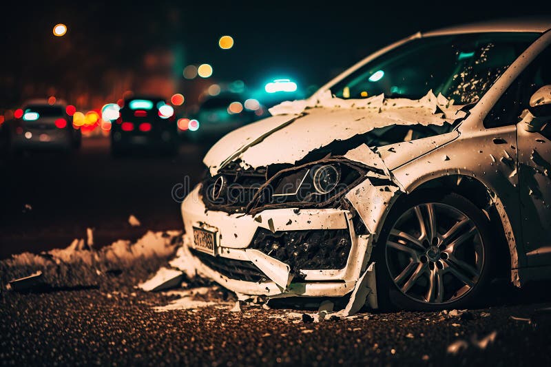 Close-up of a White Crashed Car on the Side of the Road by Night in the ...