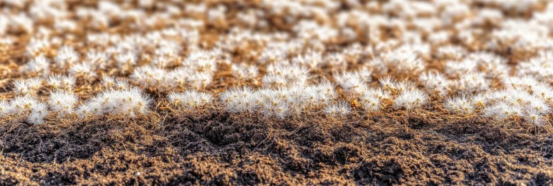 Close-up of White Dandelion Fluff on Soil Surface in Nature Setting ...