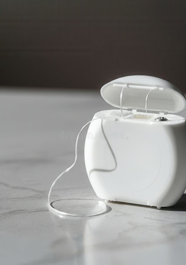 Close-up of White Dental Floss Dispenser on Marble Surface with Open ...