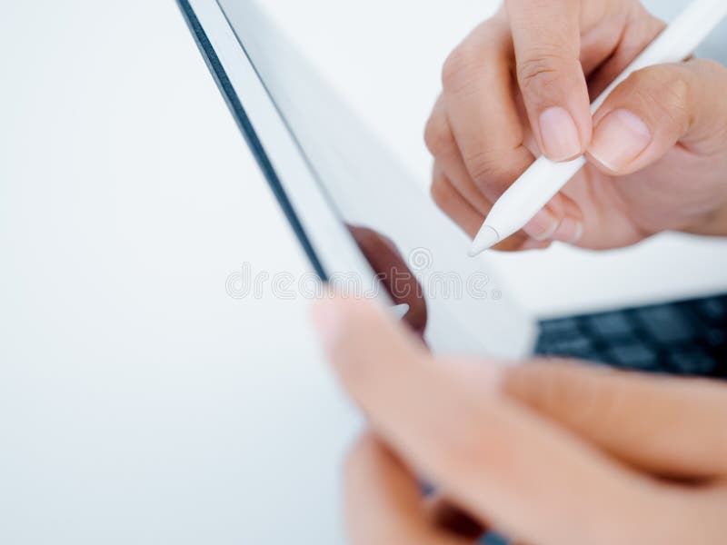 Close Up White Electronic Pen or Pencil in Hand, Write, Draw or Sign on ...