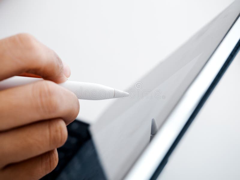 Close Up White Electronic Pen or Pencil in Hand, Write, Draw or Sign on ...