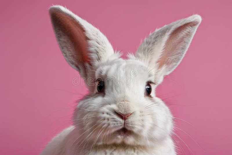 Close-up of a White Fluffy Rabbit on a Pink Pastel Background. Easter ...