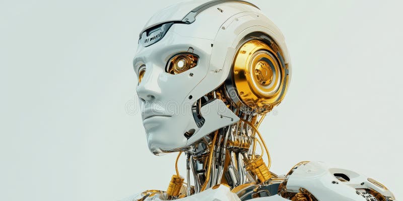 Close-up of a White and Gold Android Robot Head Stock Illustration ...