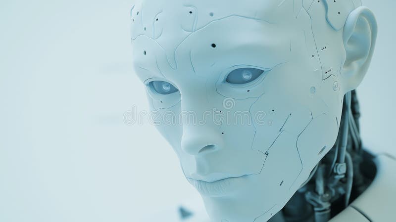 Close-up of a White Humanoid Robot with a Serious Expression. the Robot ...