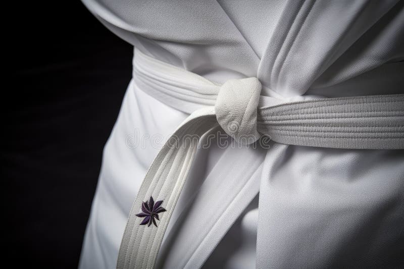 Close-up of a White Judo Uniform Gi with a Black Belt on a Mat Stock ...