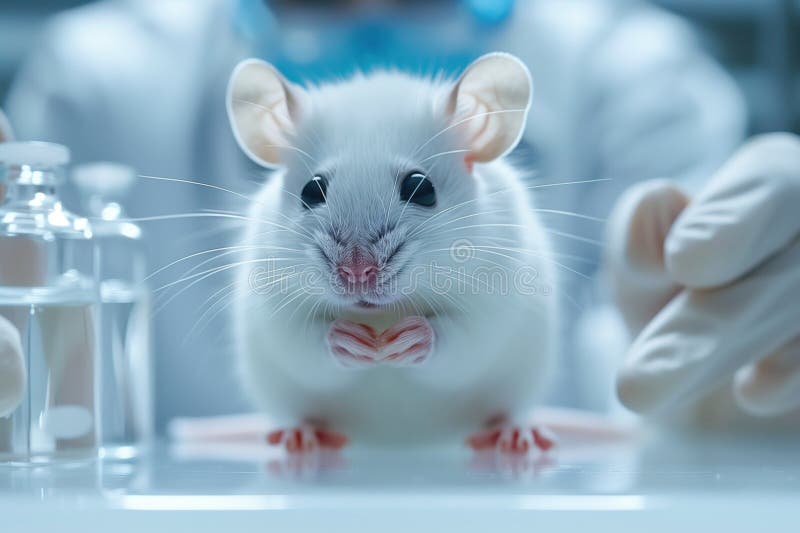 Close-up of a White Laboratory Rat Next To Laboratory Glassware Stock ...