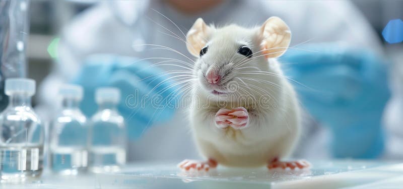 Close-up of a White Laboratory Rat Next To Laboratory Glassware Stock ...