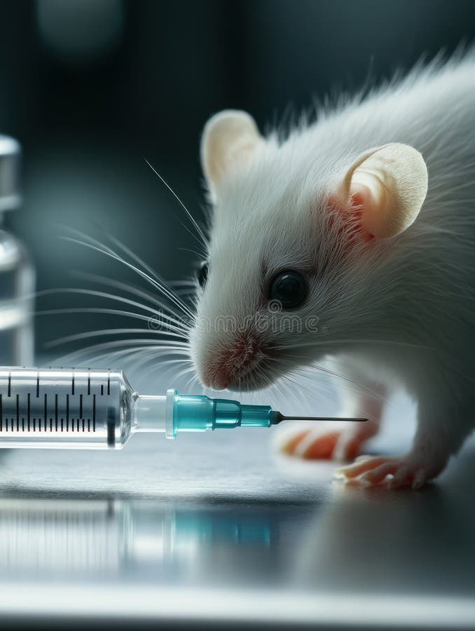 Close Up of a White Mouse Interacting with a Syringe in a Scientific ...