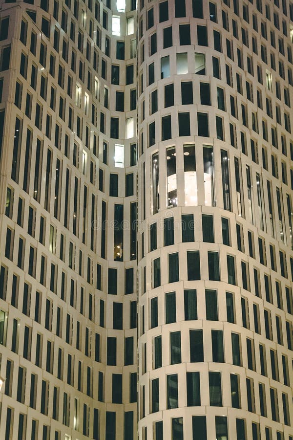 Close Up of White Office Skyscraper with Windows at Night Time. Texture ...