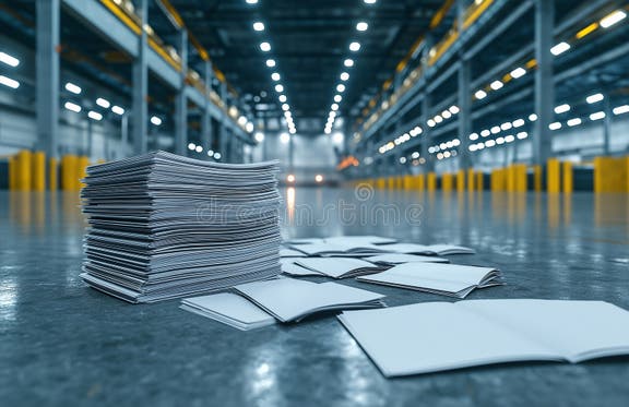Close Up of White Paper Scattered on Warehouse Floor with Stack of ...