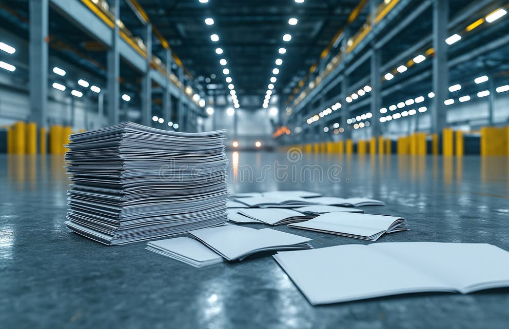 Close Up of White Paper Scattered on Warehouse Floor with Stack of ...