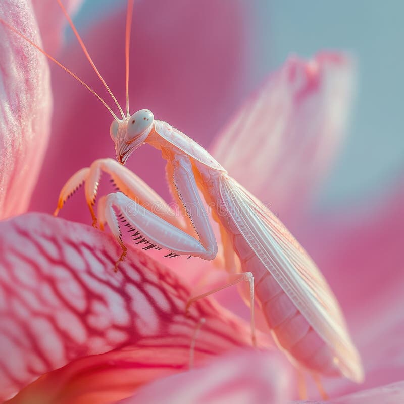 White Praying Mantis on a Pink Flower Stock Illustration - Illustration ...