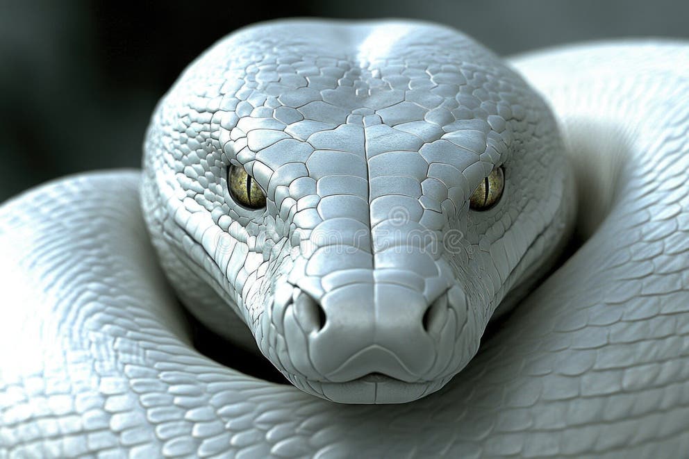 Close-up of White Python with Scales and Intense Yellow Eyes in ...