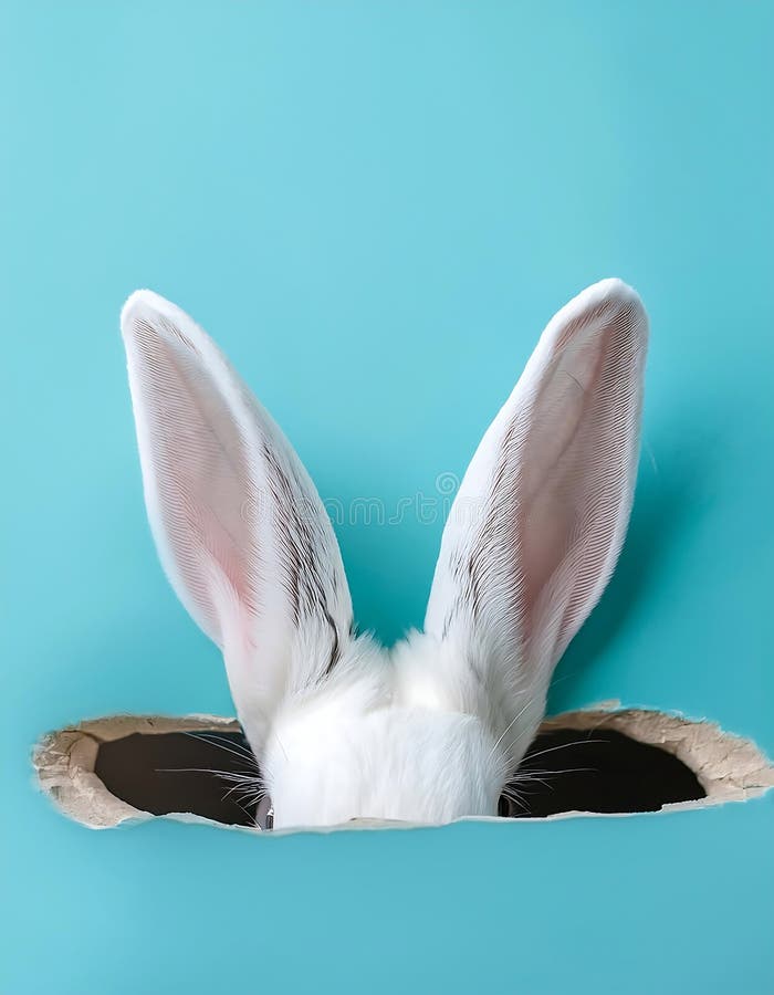 Easter Curious White Rabbit Ears Peeking through a Blue Cardboard Hole ...