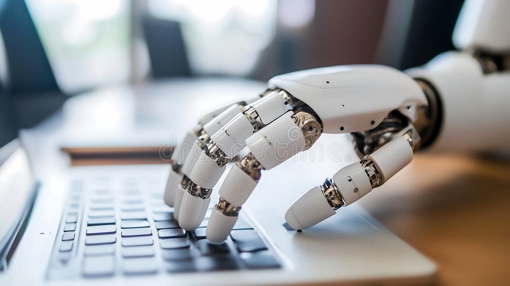 Close-up of a White Robotic Hand Typing on Keyboard Stock Illustration ...