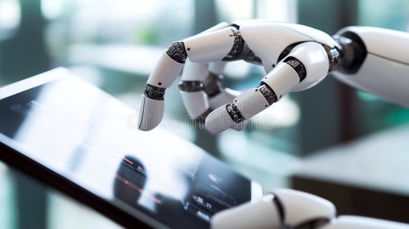 Close-up of a White Robotic Hand is Using a Tablet Stock Illustration ...