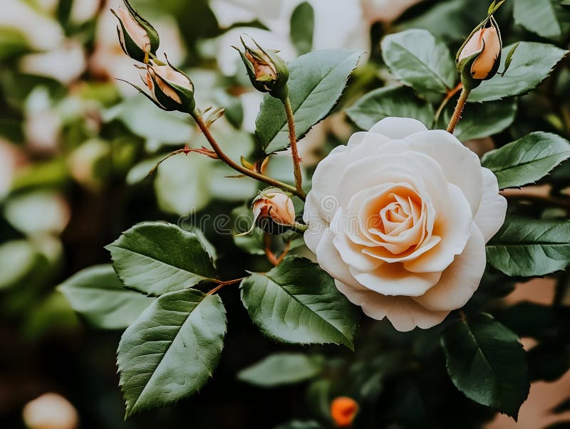 A Close-up of a White Rose Amidst Green Leaves and Budding Roses Stock ...