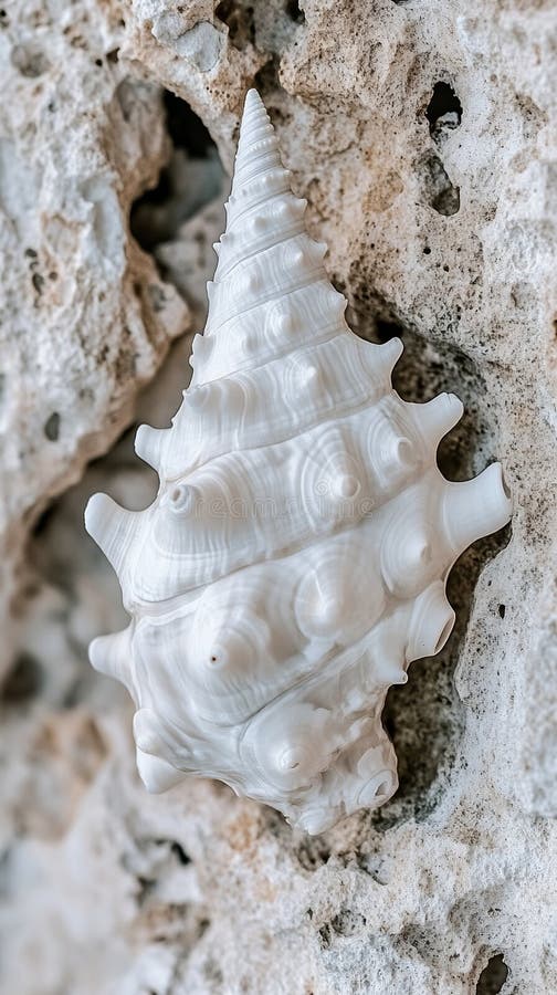Close Up of a White Seashell with a Spiral Shape on a Textured Rock ...