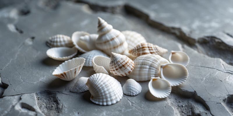 Close Up of White Seashells Arranged on a Textured Gray Surface with ...
