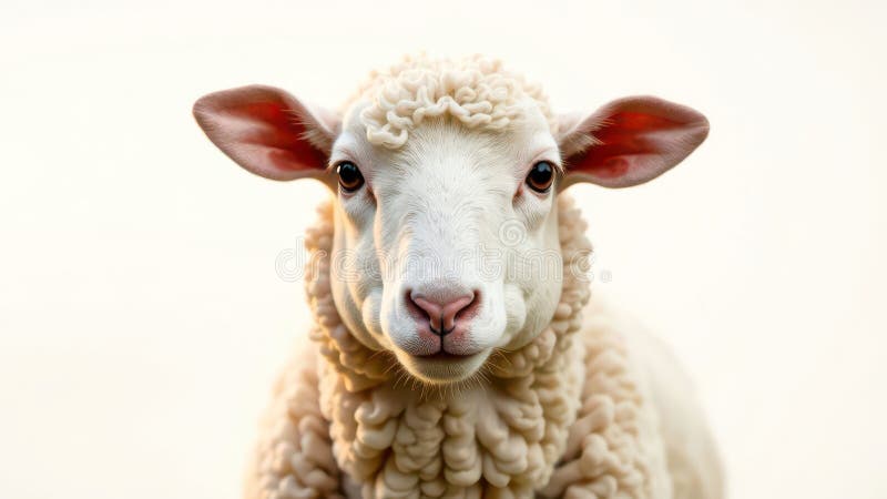 Close-up of a White Sheep with Curly Wool and Pink Ears Stock ...