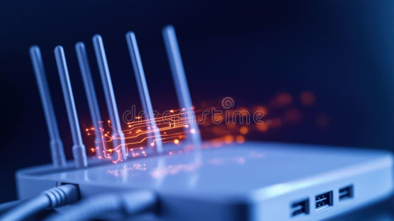 Close-up of White Wifi Router. Several Cables Connected To. Router ...