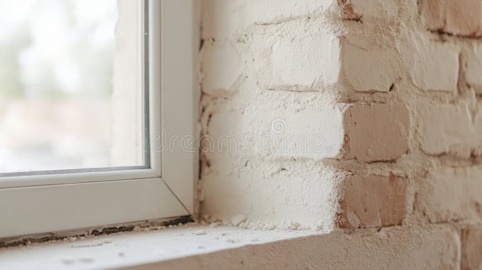 White Window Frame Casting Soft Shadows Against Matching Brick Wall ...