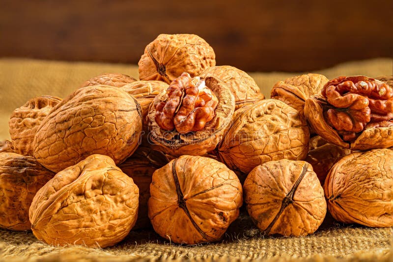 Close-up of Whole Walnuts and Cracked Shells on a Rustic Burlap Surface ...
