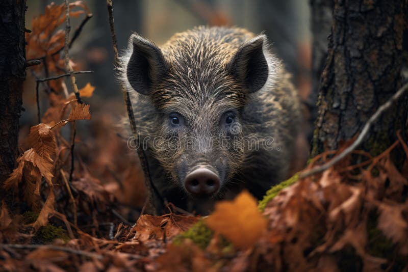 Close Up of Wild Boar in Autumn Forest Stock Illustration ...