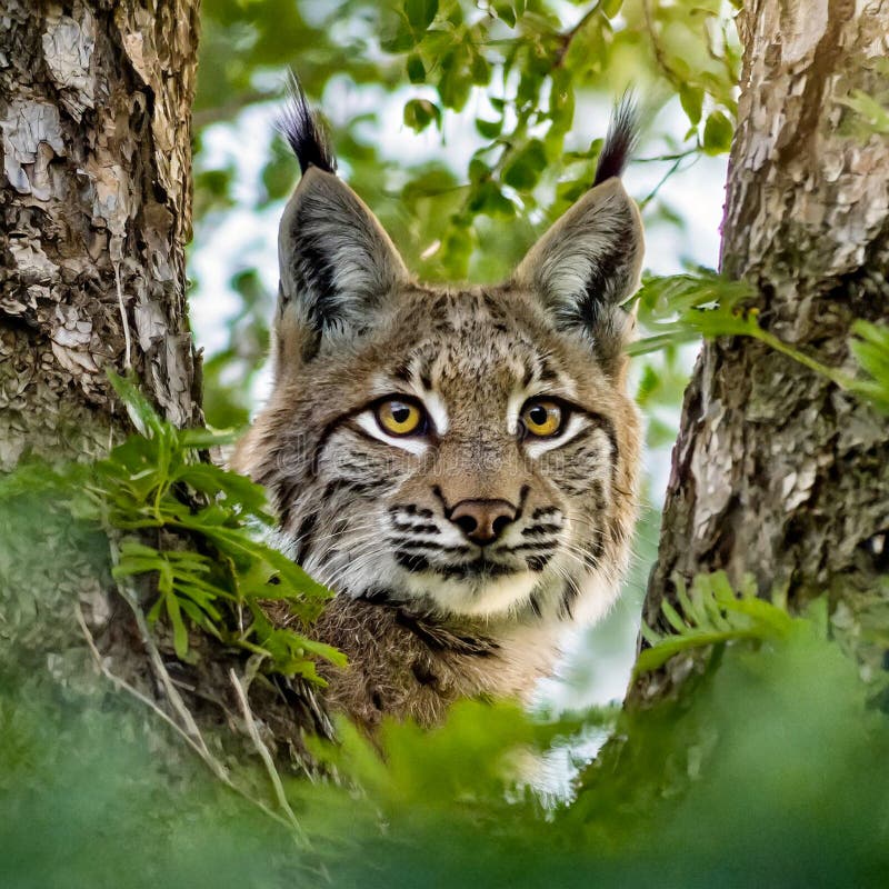 Close-up of a Wild Cat in the Jungle between Trees Stock Photo - Image ...