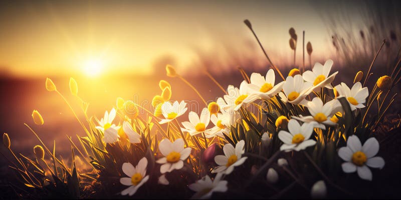 Close-up of Wild White Flowers in a Meadow in the Rays of the Rising or ...