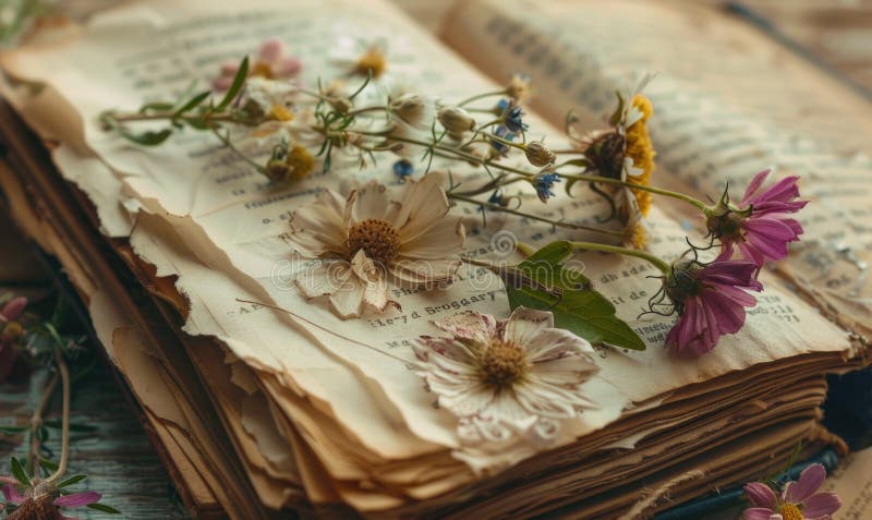 Close-up of Wildflowers Pressed between Pages of an Old Book Stock ...