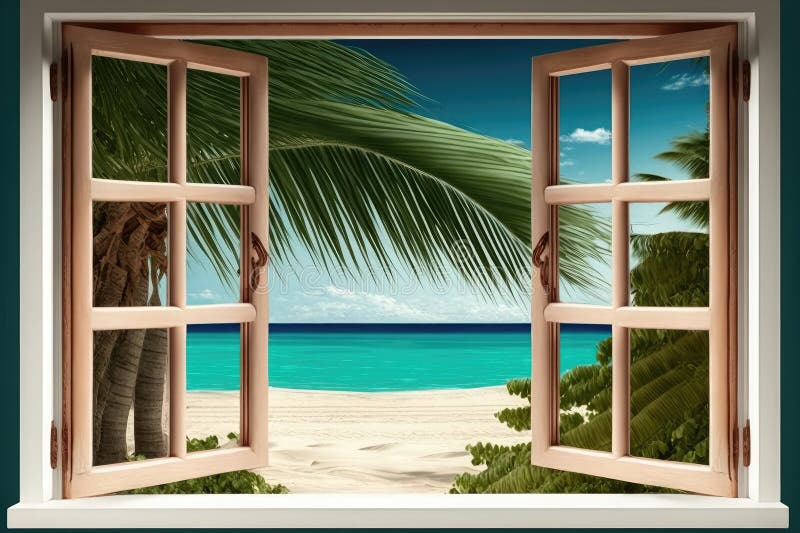 Close-up of Window with View of Tropical Beach and Palm Trees Stock ...