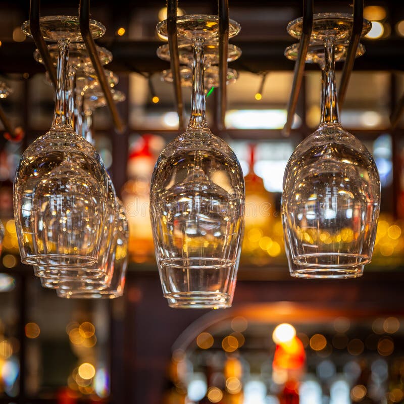 A Close Up of Wine Glasses Hanging Upside Down at a Bar Stock Photo ...