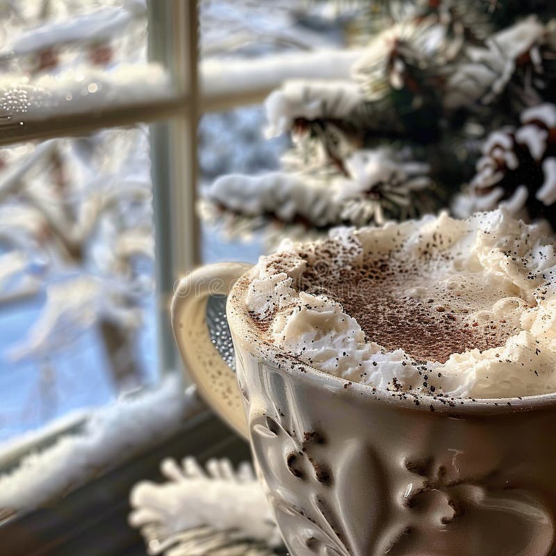Close Up of Winter Solstice Hot Cocoa by a Window Frosted with Ice ...