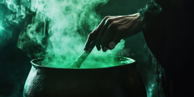 A Close-up of a Witch Hand Stirring a Bubbling Cauldron, Stock Photo ...