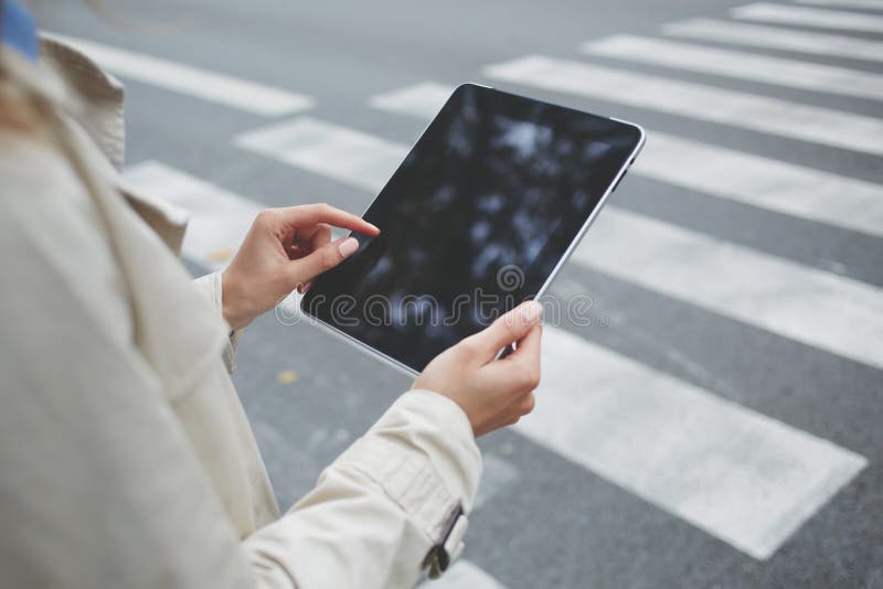 Close Up Woman is Checking E-mail on Touch Pad with Blank Copy Space ...