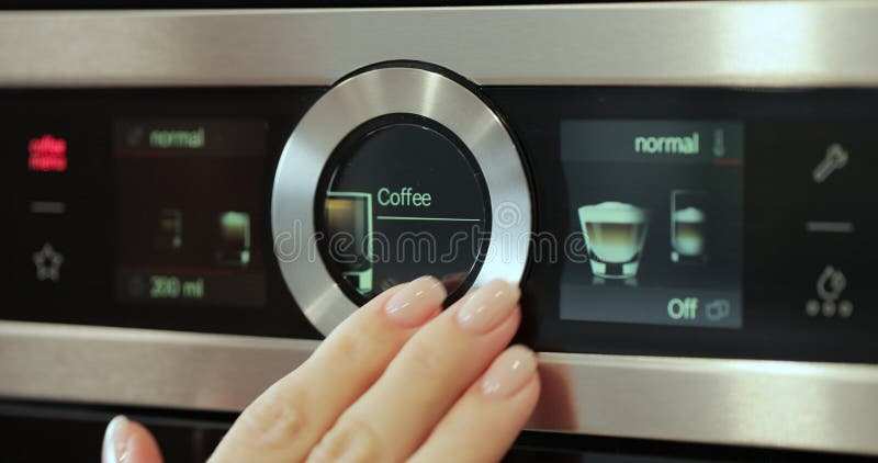 Close Up Woman Choose a Drink from the Automatic Coffee Machine Menu ...
