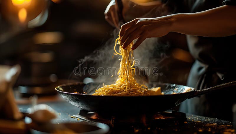Close-up of Woman Cooking Spaghetti in a Pan at Night Kitchen Stock ...