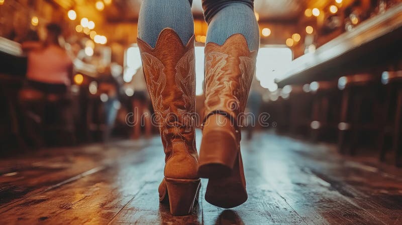 Close-up of Woman in Cowboy Boots Walking in Rustic Bar Setting Stock ...