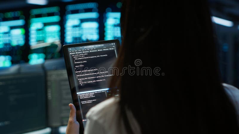 Close Up of Woman Doing Maintenance in Server Room Using Tablet Stock Image - Image of security ...