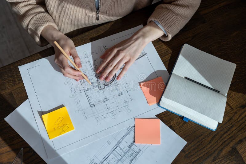 Close Up of a Woman Drawing the Project Stock Image - Image of papers ...