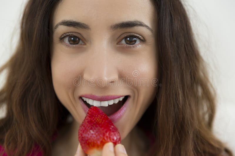 Close Up of Woman Eating Strawberry Stock Photo - Image of caucasian ...