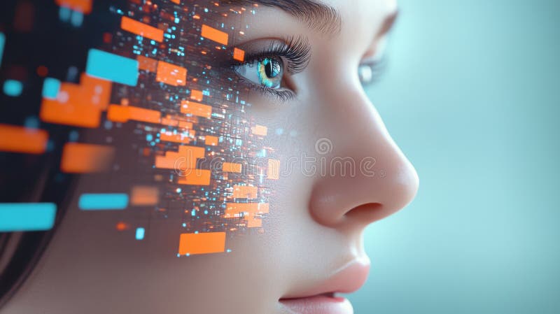 Close Up of Woman Face Merging with Digital Data, Showcasing Futuristic ...