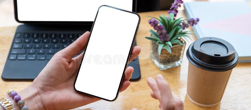 Close Up Woman Hand Holding Mobile Phone. Stock Image - Image of front ...