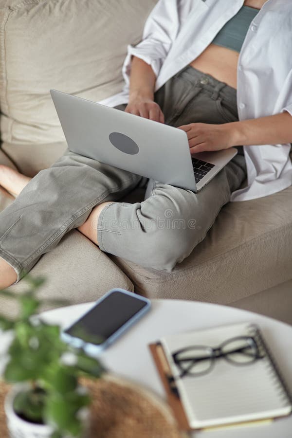 Close Up Woman Hand Using Laptop Sitting on Sofa at Home, Remote Work ...