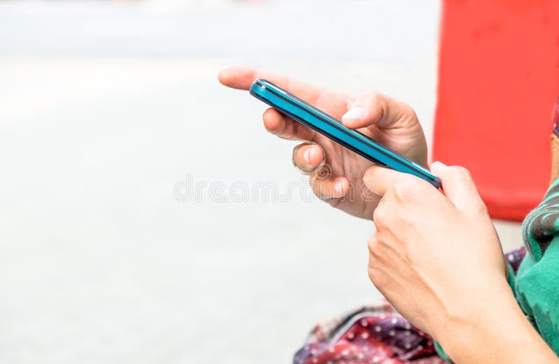 Close Up Woman Hand Using Mobile Phone at Outdoor Stock Image - Image ...