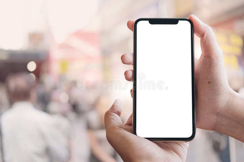 Close Up Woman Hand Using a Smart Phone with Blank Screen at Maket ...