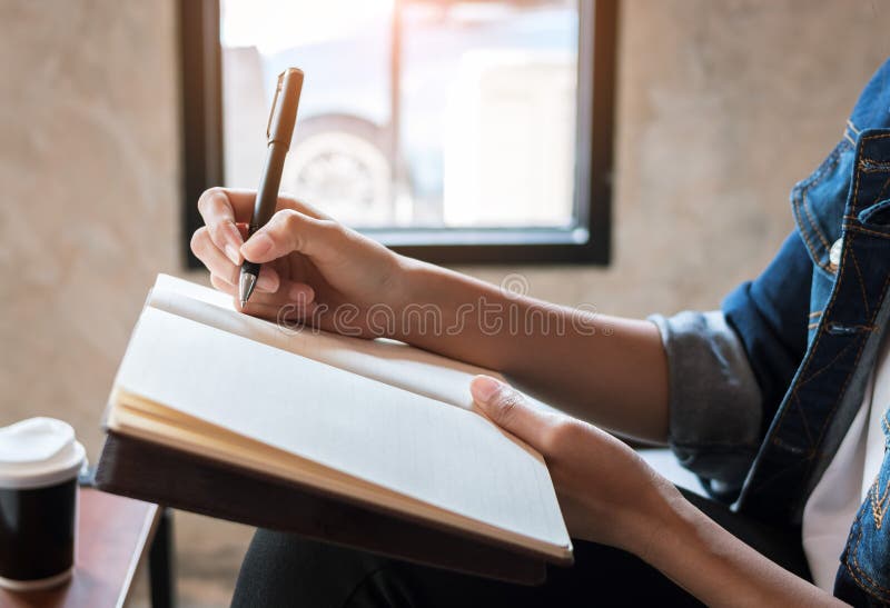 Close Up Woman Hand Writing Note for Work at Cafe Stock Image - Image ...