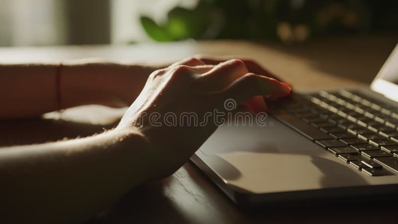 Close Up Woman Hands Entering the Frame and Scroll Twice on the Laptop ...